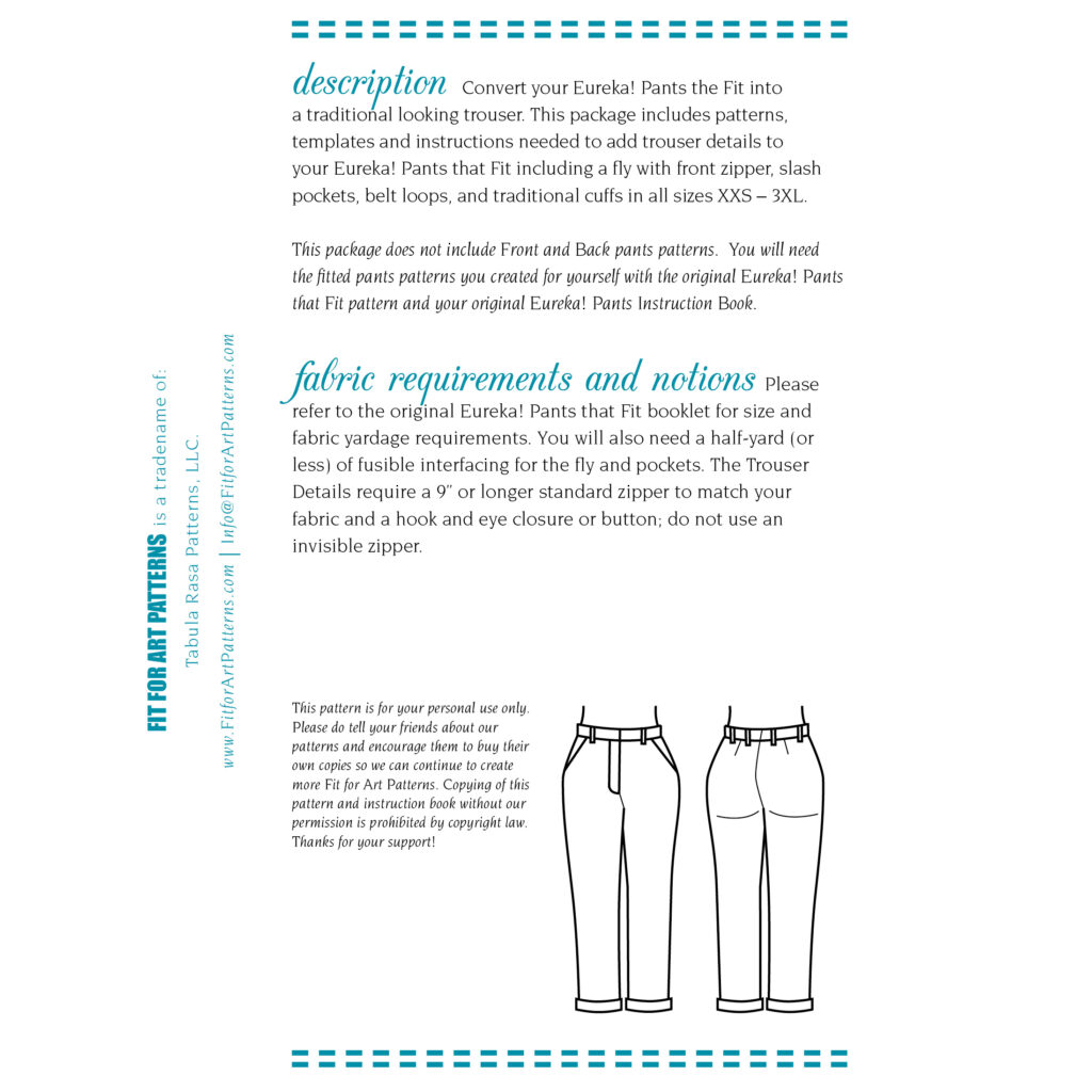 Trouser Details for Eureka! Pants - Fit For Art Patterns